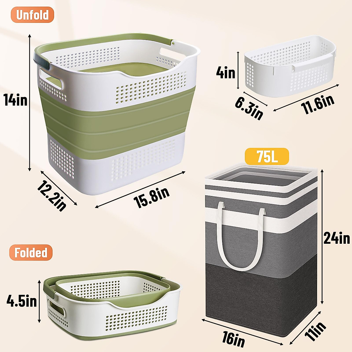 35L Collapsible Laundry Baskets Plastic with Handles,Removable Pop Up Storage Container,75L Clothes Laundry Hamper-Foldable Laundry Basket 0rganizer