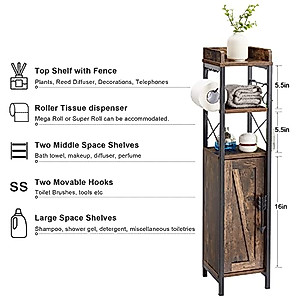 VECELO Small Bathroom Cabinet Toilet Paper Holder with Door & 2 Shelves, Upgraded Storage Organizer,Fenced Top, Waterproof Coating, 7.9" L x 7.1" W x 31.5" H, Slim-Rustic Brown