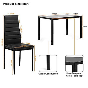 Henf 5-Piece Kitchen Dining Table Set W/Glass Tabletop, 4 PU Leather Chairs Glass Dining Set for Home Kitchen Dining Room Breakfast Furniture, Black
