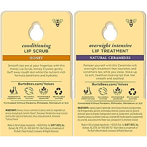 Burt’s Bees Conditioning Lip Scrub and Overnight Intensive Lip Treatment, With Ceramides, Exfoliates and Hydrates Lips 8 Hours, Natural Origin, 2 Jars, 0.25 oz