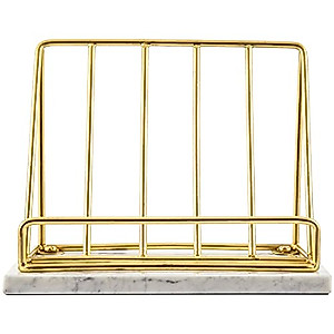 MyGift Modern Brass Metal Wire and White Marble Kitchen Cookbook Stand - Countertop Recipe Book and Tablet Holder - Handcrafted in India