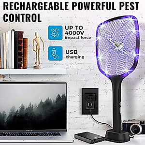2 in 1 Electric Fly Swatter & Mosquito Killer Lamp with 4000V Effective Powerful Grid, Rechargeable Bug Zapper for Home, Camping, Indoor/Outdoor Pest Control, with Double Safety Mesh, LED Light Black