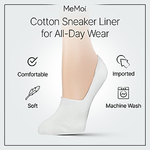 MeMoi Womens No Show Socks 7-Pair Pack - Cotton Blend, High Cut Coverage Sneaker Socks for Women, Womens Non Slip Heel Grip, White, One Size