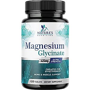 Magnesium Glycinate 425 mg with Calcium - Max Absorption Magnesium Tablets for Muscle, Nerve, Bone & Heart Health Support - Vegan, Non-GMO, Gluten Free Nature's Nutrition Supplement - 120 Tablets