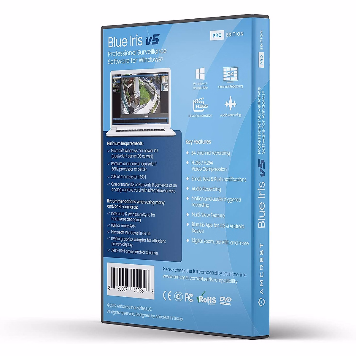 Amcrest Blue Iris Professional Version 5 - Supports Many IP Camera Brands Including Amcrest, Zone Motion Detection, H.265 Compression Recording, E-Mail and SMS Text Messaging Alerts!(BLUEIRISCD-V5)