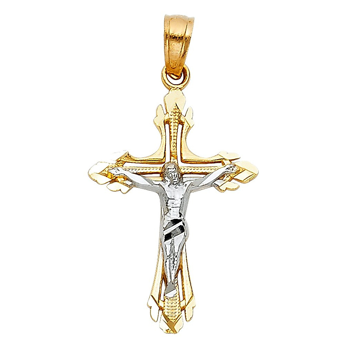 14K Real Gold Two Tone Linear Jesus Cross Pendant - 25x16 MM Crucifix Charm Necklace Pendant - Great Gift for Men & Women