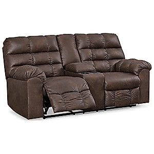 Signature Design by Ashley Derwin Urban Faux Leather Tufted Double Reclining Loveseat with Console, Dark Brown