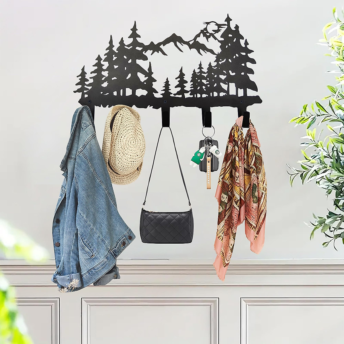VIVICOMFY Metal Tree Coat Hooks Wall Art Decor-Tree Hangers and Key Holder-Clothes Rack and Backpack Hanger-Forest Theme Hooks Sweet Home Decor for Storage, Living Room, Hallway, Office (Black)