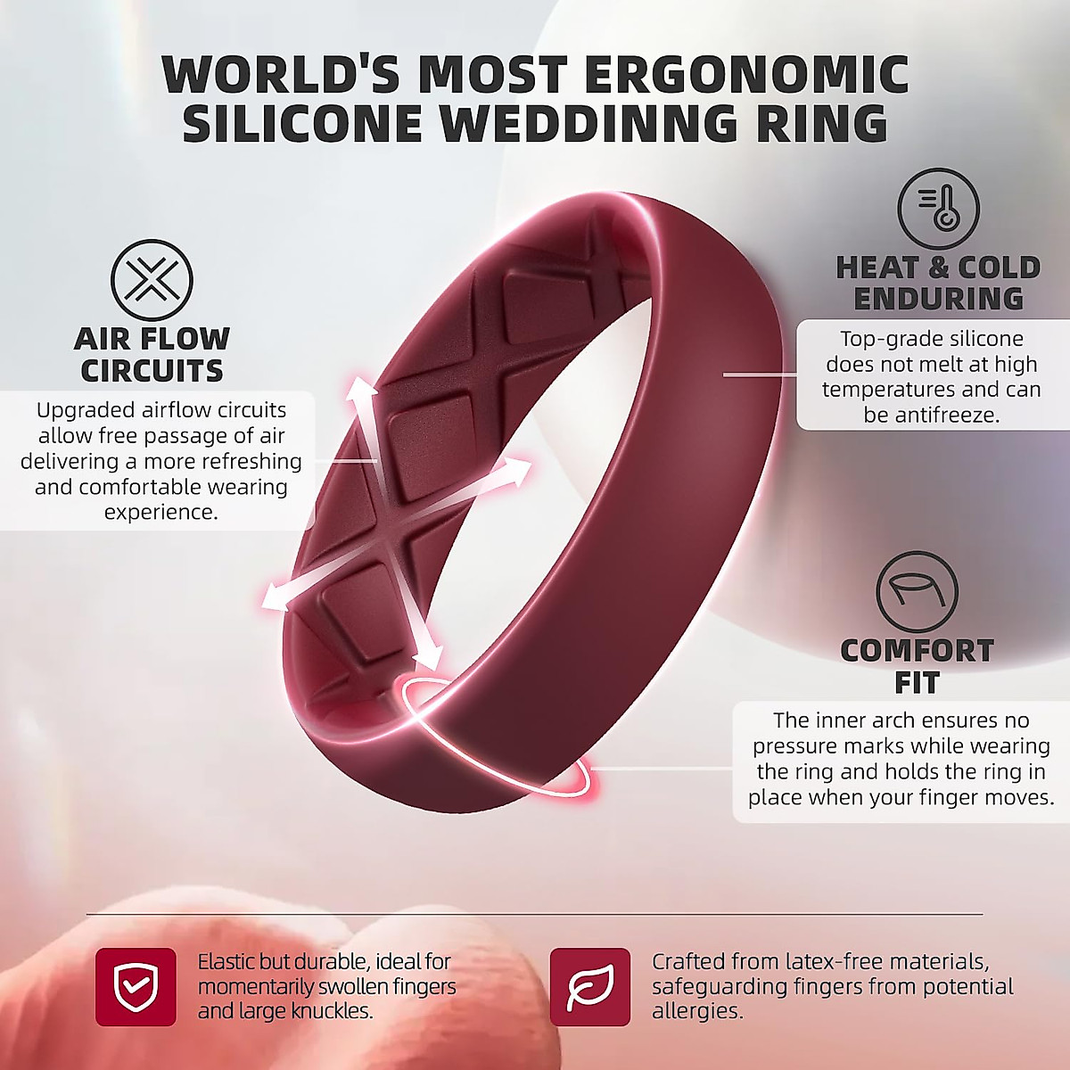 Egnaro Engagement Rings Women, Inner Arc Ergonomic Breathable Design Silicone Rubber Wedding Bands