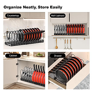 Housolution Pot and Pan Organizer Rack for Cabinet, Expandable Pot Lid Organizer Holder with 14 Adjustable Dividers, Pan Organization and Storage Lid Organizer Rack Pots and Pans for Cabinet, Black