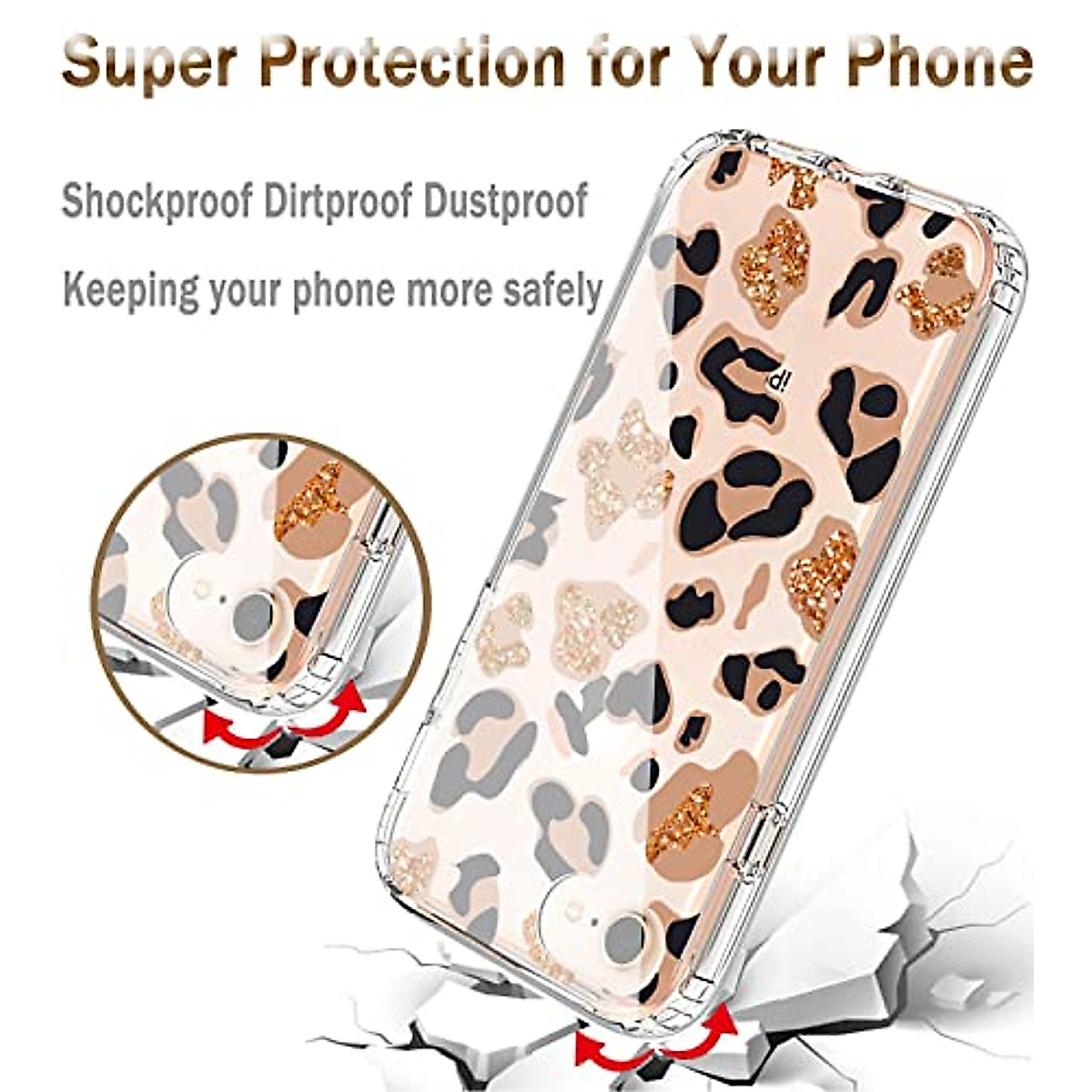 YiYiYaYa for iPhone SE 2022 Case, iPhone SE 2020 Case with Built in Screen Protector, Clear Floral Pattern for Girls Women, Full Body Shockproof Case for iPhone 6/6S/7/8/SE 2020/2022 Golden Leopard