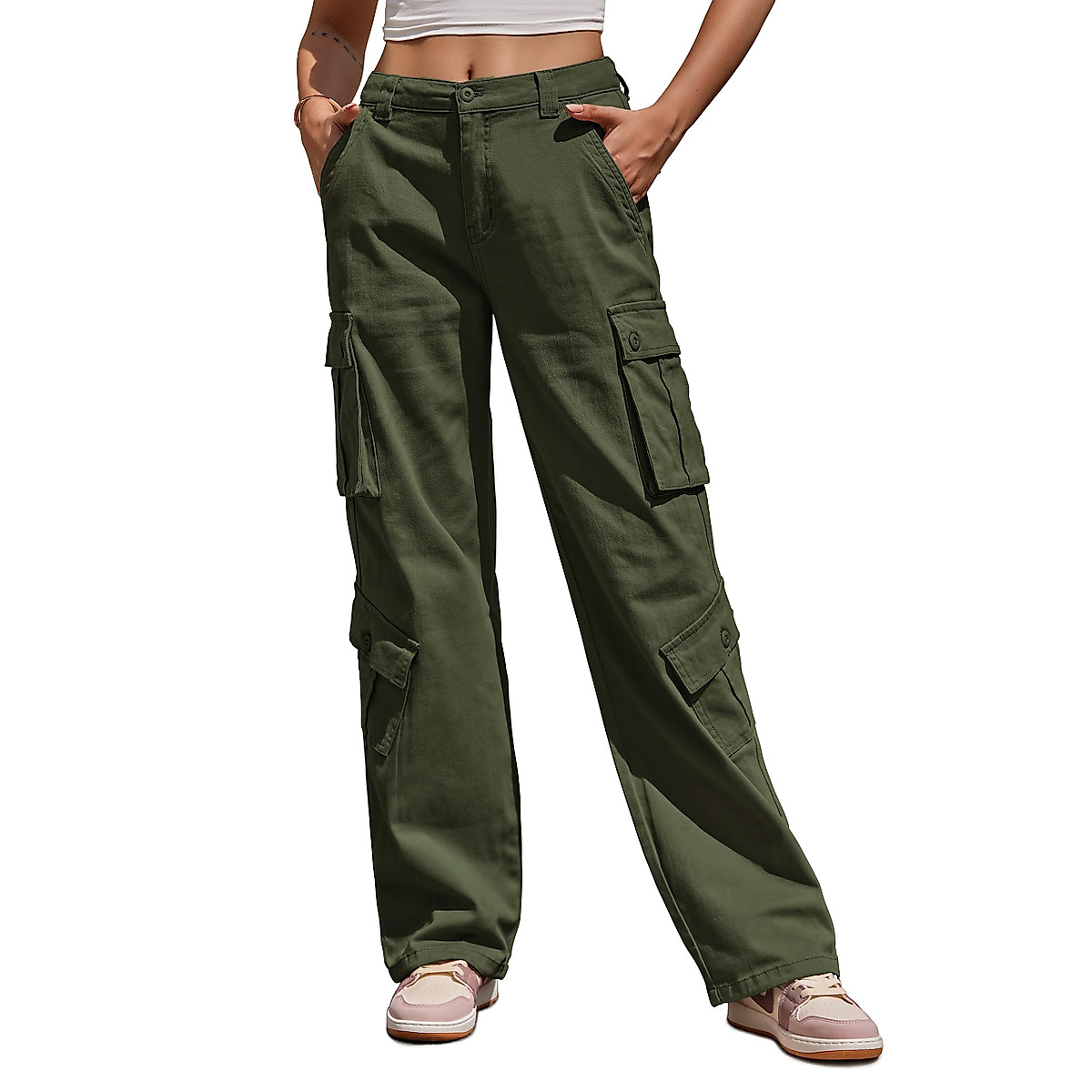 ZMPSIISA Women Pants High Waisted Cargo Pants Combat Military Wide Leg Casual Trousers 8 Pockets(Green,Medium)