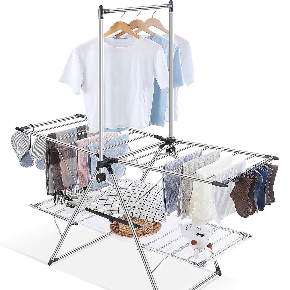 APEXCHASER Clothes Drying Rack, Foldable 2-Level Drying Racks with High Hanger, Metal Laundry Stand with Height-Adjustable Gullwings