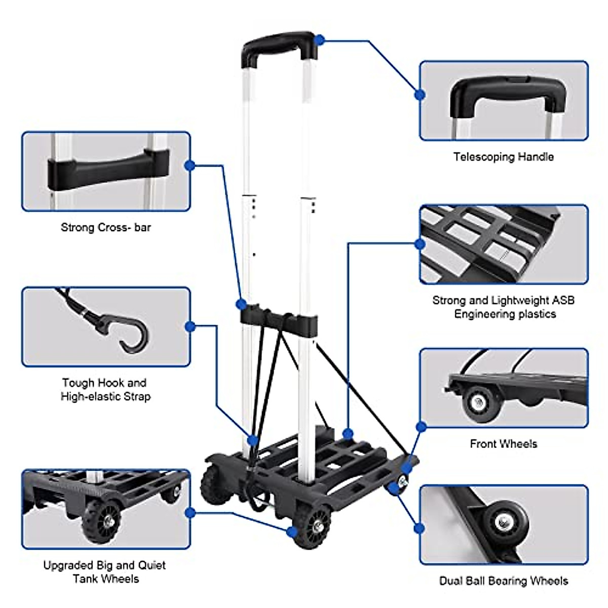 Folding Hand Truck, BOQZ Luggage Cart with Elastic Bungee Rope 4 Wheels Solid Construction Portable Fold Up Dolly Compact Lightweight Utility Cart for Luggage Travel Shopping Moving Office Use
