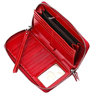 Lavemi Women's RFID Blocking 100% Leather Large Capacity Zip Around Wallet Phone Holder Clutch Travel Purse Wristlet(Large Size Red)