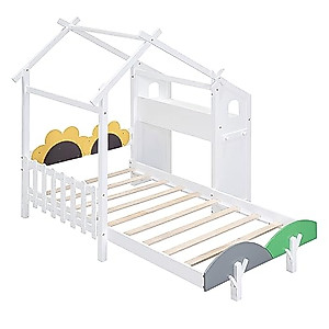 NCKMYB Kids House Bed with Flower Decor Headboard, Twin Size Wood Platform Bed with Desk, Fun Playhouse Bed for Boy Girl, White