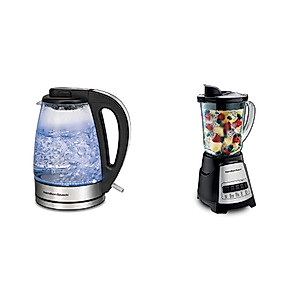 Hamilton Beach 40864 Electric Tea Kettle, 1.7 L, Clear Glass & 58148A Blender to Puree - Crush Ice - and Make Shakes and Smoothies - 40 Oz Glass Jar - 12 Functions - Black and Stainless