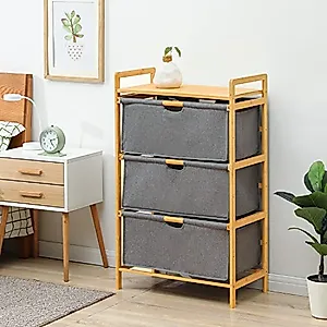 MoNiBloom 3 Section Clothing Storage Removable Bamboo Organizer Unit with Pull-Out Fabric Baskets for Bedroom Laundry Home Office, Grey