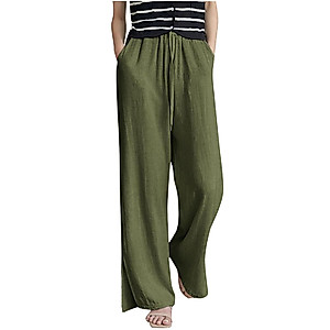 fold Over Yoga Pants for Women Women Wide-Leg Pants Loose Flowy Trousers Cotton Linen Slacks Capri Pants Side Split Lounge Pant Plus Size Relaxed Fit Green L