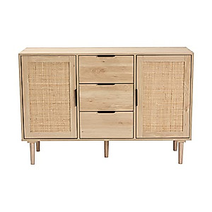 Baxton Studio Harrison Natural Brown Wood and Natural Rattan 3-Drawer Sideboard