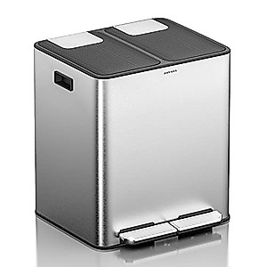 ANVAVA Trash Can, 30 Liter(2x15 Liter) Dual Step Trash Can Stainless Steel Dual Compartment Recycling Kitchen Step Trash Can with Removable Inner Bucket and Soft Close Lid Rubbish Bin (30 Liter)