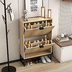 Lisicues Shoe Cabinet Storage for Entryway, Modern Slim Shoe Organizer, Tipping Shoe Cabinet with 2 Flip Drawers Fluted Panel, Narrow Shoe Rack for Living Room (Wood)