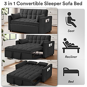 Rovibek 3 in 1 Convertible Sleeper Sofa Bed Velvet Chaise Lounge for Living Room, Black