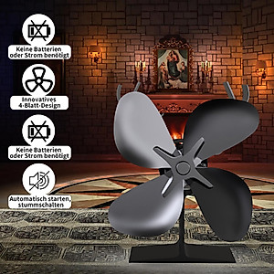heybb Woodburner Stove Fan, 4 Blades Wood Stove Fans Heat Powered, Silent Operation with Stove Thermometer for Wood, Log Burner, Fireplace, Eco Friendly Circulatons and Efficient Heat Distributions