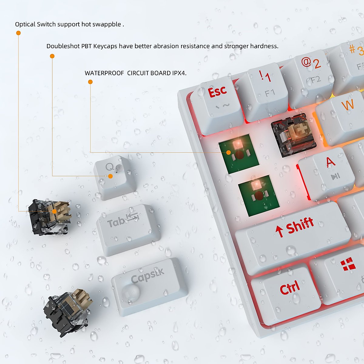 Ractous RTK63P 60% Mechanical Gaming Keyboard RGB Backlit PBT keycaps 63key Ultra-Compact Wired Keyboard Programmable for PC/Mac Gamers,Hot-Swappable Optical Red Switch (White)