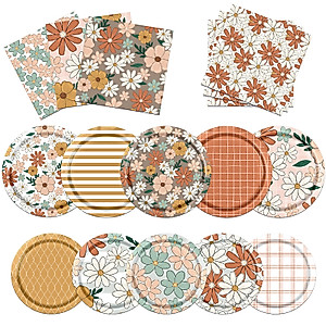 Gumwaqu Vintage Floral Paper Plates and Napkins Supplies,Daisy Floral Party Supplies Wildflower Plates Disposable Spring Flower Dinnerware for Vintage Floral Party Bridal Shower Decorations