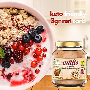 Nutio Crunchy Hazelnut Butter Spread - 77% Hazelnut, 71% Less Sugar, Low Carb, Keto Friendly, Vegan, Palm Oil Free, Gluten Free, Non-GMO, Sodium Free, Cocoa Free - 10.5 oz Glass Jar