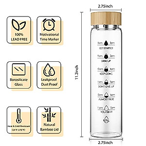 ZDZDZ Large Glass Water Bottle with Bamboo Lid, 33oz Travel Water Bottle with Time Marker and Rmovable Infuser, Glass Tea Infuser Bottle for Tea Milk Coffee Lemonade