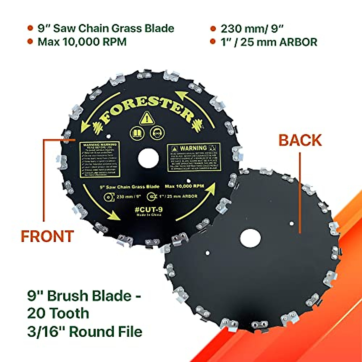 Forester 9” Chainsaw Brush Cutter Blade – 20 Tooth Circular Trimmer Saw Blade - for Trimming Trees, Clearing Underbrush, Cutting String, Weeds and Bush