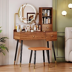 sbdmirau Vanity 35" W, Vanity Desk with Round Mirror and Lights, Brown Vanity Makeup Table with Chair, with Open Compartment and 3 Drawers, 3 Lighting Modes Gift for Girls and Women Brown Vanity