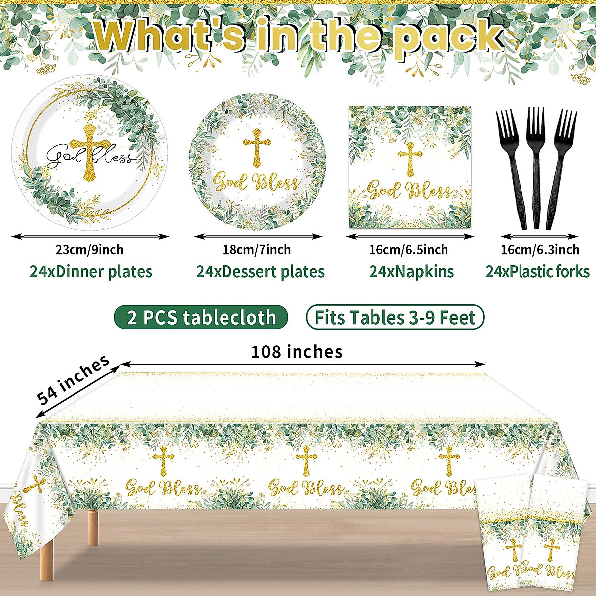 98pcs God Bless Plates Baptism Tableware First Holy Communion Mi Bautizo Disposable Tableware Set with Plates Napkins Tablecloth for Newborn Baby Shower Party Christening Religious Party Decorations