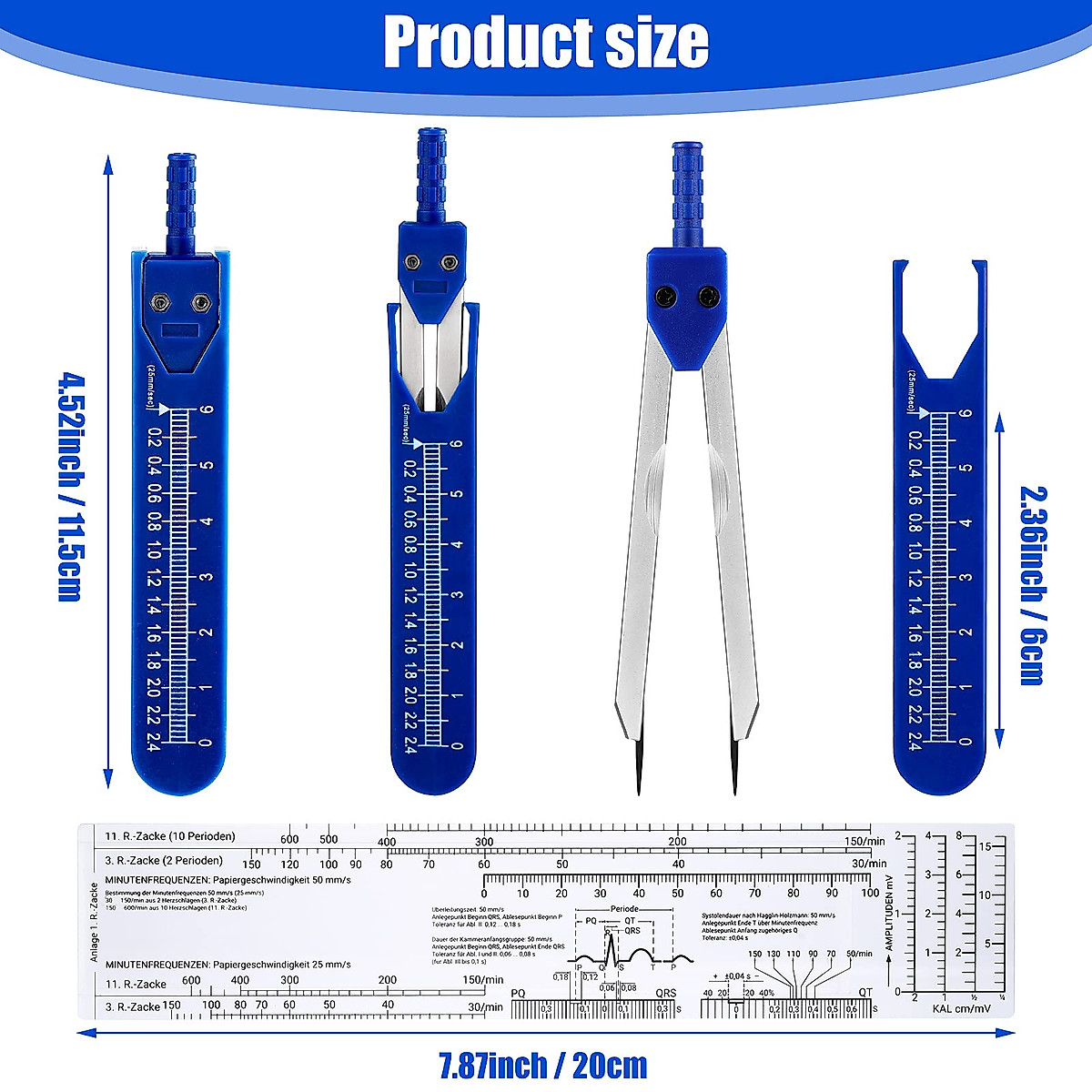 Tondiamo 2 Sets EKG Calipers and EKG Ruler Combination Set ECG Calipers Drafting Electrocardiogram Divider ECG Calipers Measuring Tool for Nursing (Black and Blue)
