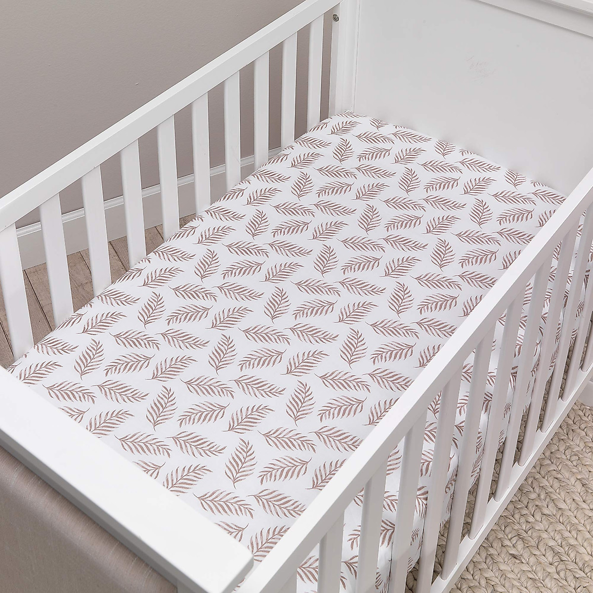 Lambs & Ivy Signature Taupe Leaves Print Organic Cotton Fitted Crib Sheet
