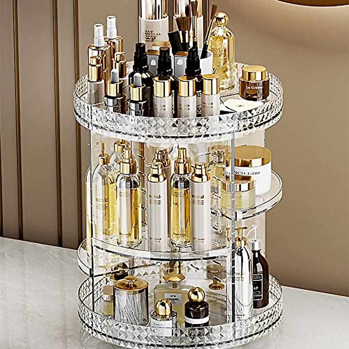 FIZZOQI 360 °Rotating Storage Rack Makeup Organizer Shelf Dressing Table Shelf Acrylic Lipstick Perfume Case Display Stand Cosmetic Organizer Rack