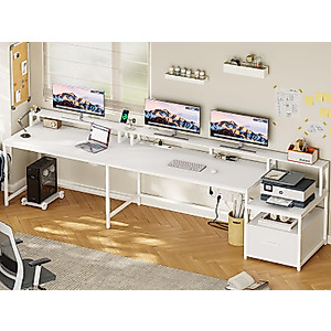 SEDETA White L Shaped Gaming Desk, 66" Home Office Desk with File Drawer, Power Outlet and Led Lights, Corner Computer Desk with Monitor Shelf, Printer Storage Shelves, for Two Person