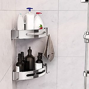 Shower Caddy Corner Bathroom Shelf with Hooks Shower Organizer No Drilling Wall Mounted Basket Rustproof Storage Rack with Adhesive for College Dorm Kitchen Toilet, 2 Pack Sliver