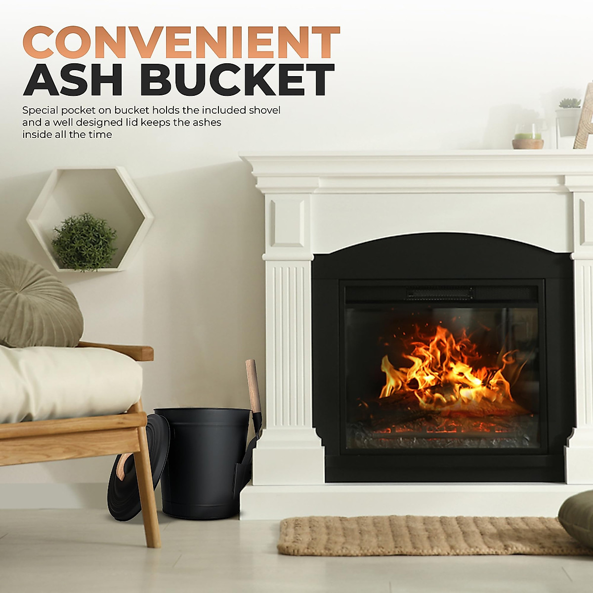 Heavy-Duty Fireplace Ash Bucket with Lid, Handle and Shovel, Large Metal Coal Hod for Wood Stoves, Fireplaces, and Outdoor Fire Pits, Heat-Resistant 10x10x13 Inches (5.2 Gallon)