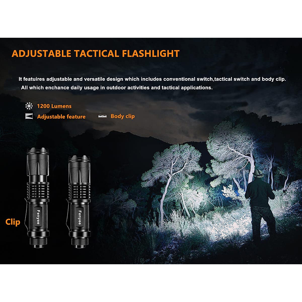 Fenyee Tactical Flashlight Adjustable 350 Yards 1200 Lumen LED Light with Offset Mount for Outdoor Hunting