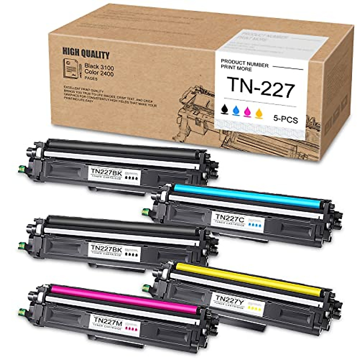 ISHIEY (2BK+1C+1M+1Y, 5-Pack) Compatible Toner Cartridge Replacement for Brother TN227 TN-227 TN-227BK TN223 TN-223BK MFC-L3770CDW MFC-L3710CW MFC-L3750CDW HL-L3210CW HL-L3290CDW HL-L3230CDW Printer