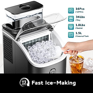 EUHOMY Ice Cube Maker Machine Countertop with External Water Tank, 34Lbs, 16Pcs Ready in 13 Mins, 2 Ways to Add Water, Auto-Cleaning, with Ice Scoop & Basket, for Home/Kitchen/Office/Bar (Black)
