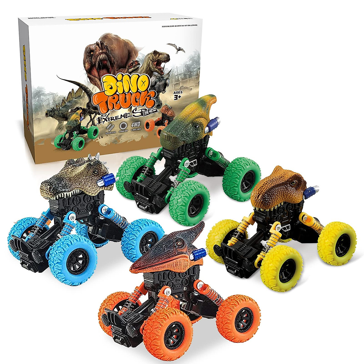 FDUFN 4 Pcs Dinosaur Toys Pull Back Cars Dino Toys for 3 Years Old and Up Boys and Girls, Toddlers Toy Age 3, 4, 5, 6, 7, 8, 9, T-Rex Dinosaur Games Monster Trucks, Christmas Birthday Gifts for Kids