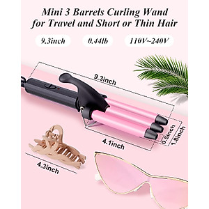 Mini Three Barrel Curling Iron, Small Curling Wand 1/2 Inch for Home and Travel, Ceramic Tourmaline Add Shine to Waves, Youuish Dual Voltage Hair Crimper, Pink