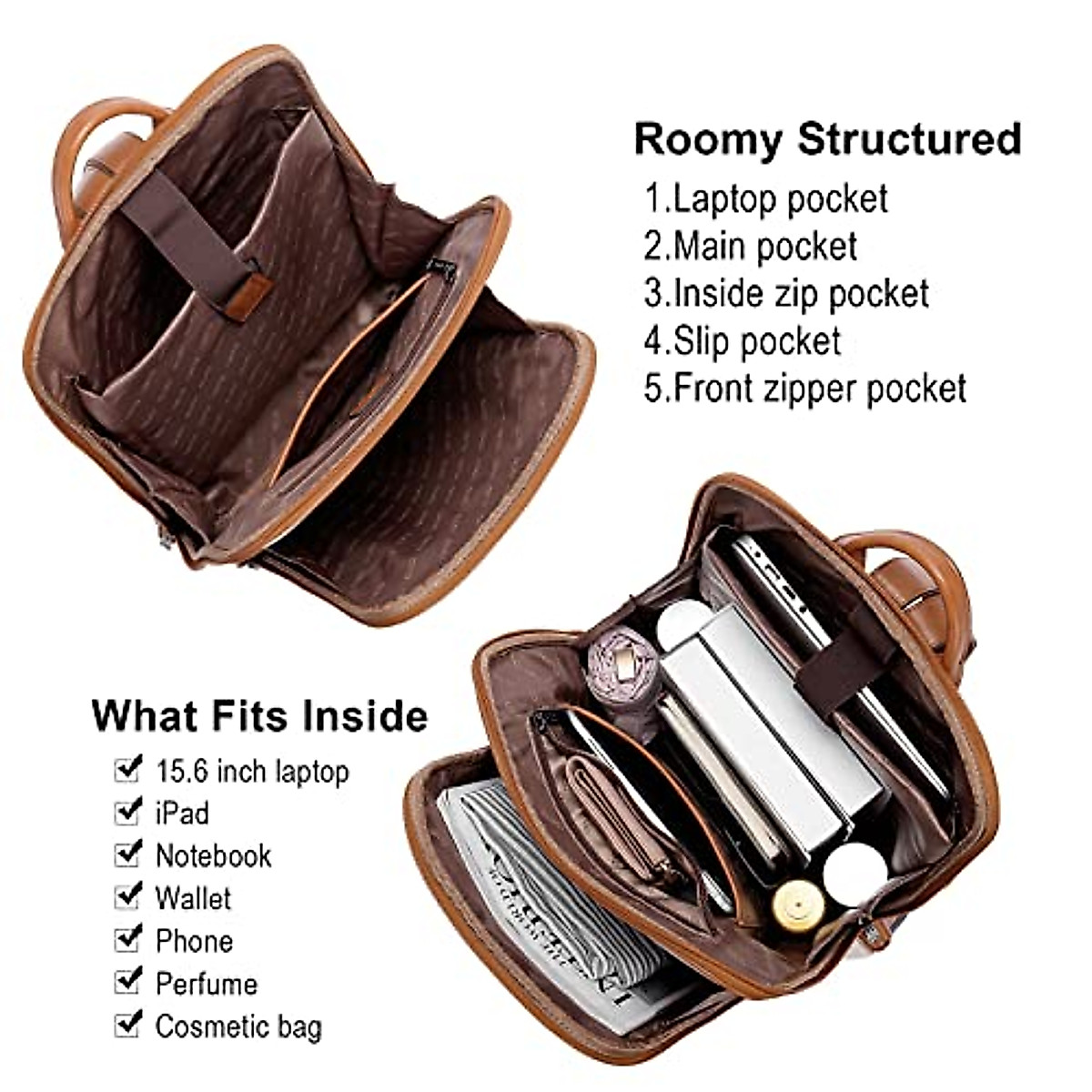 CLUCI Leather Laptop Backpack for Women 15.6 inch Computer Backpack Travel Business Work Large Daypack Off-white with brown and black