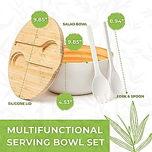 Cuffie Chef - Large Salad Bowl with Lid, Bamboo Salad Serving Bowl with Silicone Seal, Light & Sturdy Salad Bowl, Sleek Serving Bowls with Lids & Utensils, Complete Salad Bowl Set, 9.85 inches, White