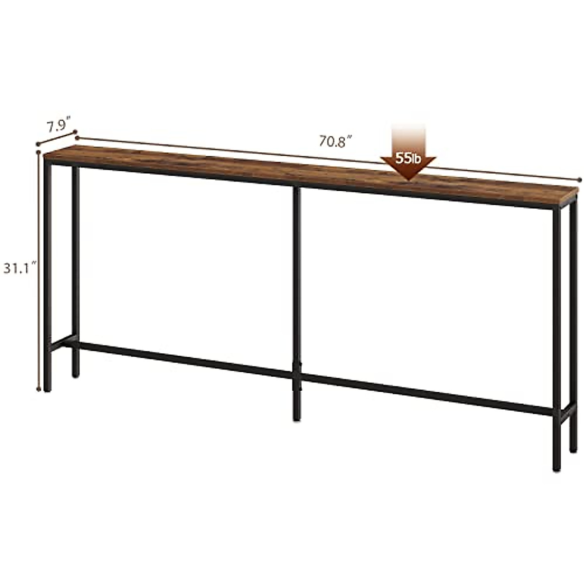SUPERJARE 70.8 Inch Console Table, Entryway Table with Storage, Long Skinny Table, Hallway Table, Behind Couch Table, Industrial Plant Table, Adjustable Feet, for Entrance, Living Room - Vintage Brown