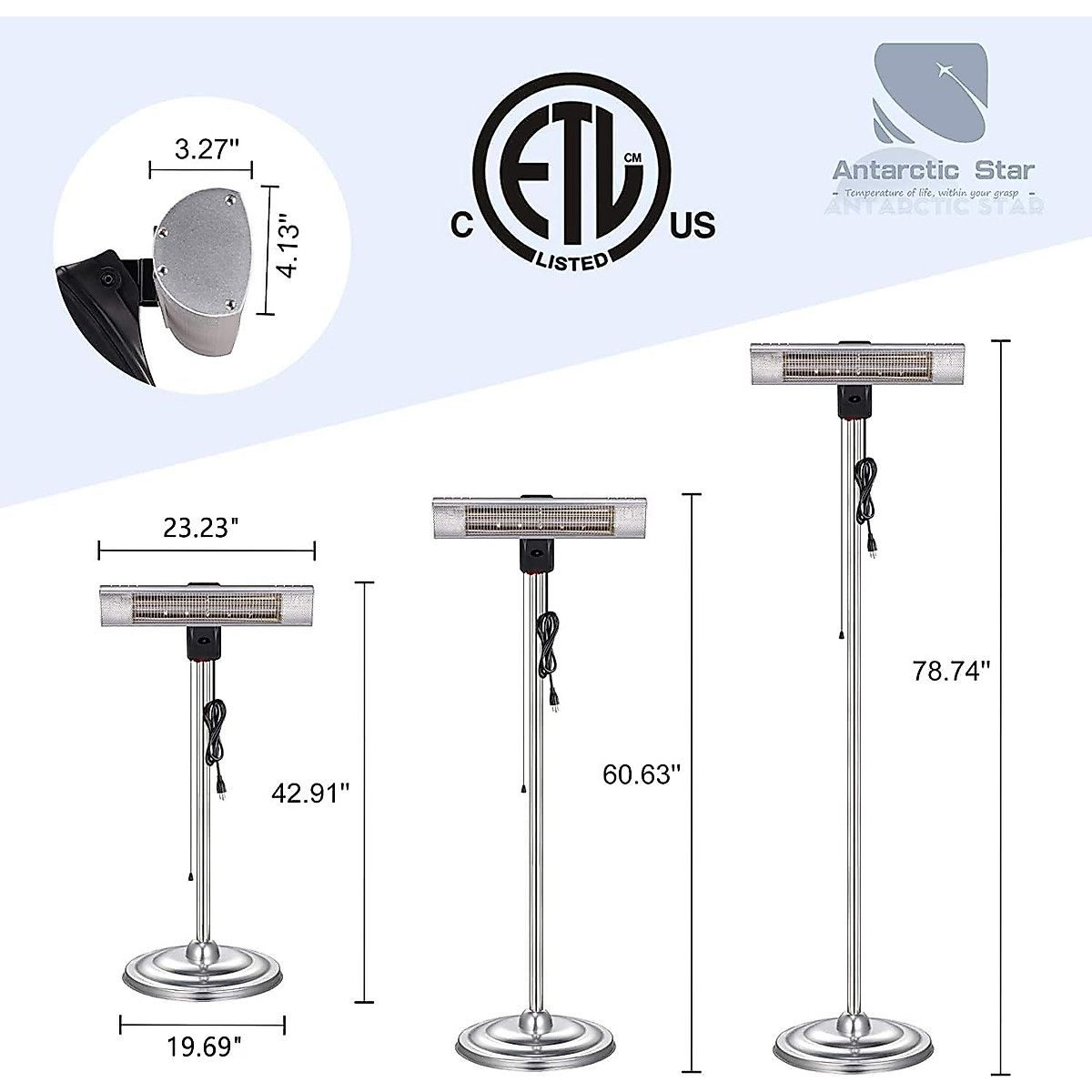 Antarctic Star Infrared Patio Heater, Freestanding Indoor/Outdoor Garden Heater, Adjustable Height & Angle,Remote Control IP65 Rated,Quiet Operation,Energy saving,Quick Heating in 3s, 1500W with ETL